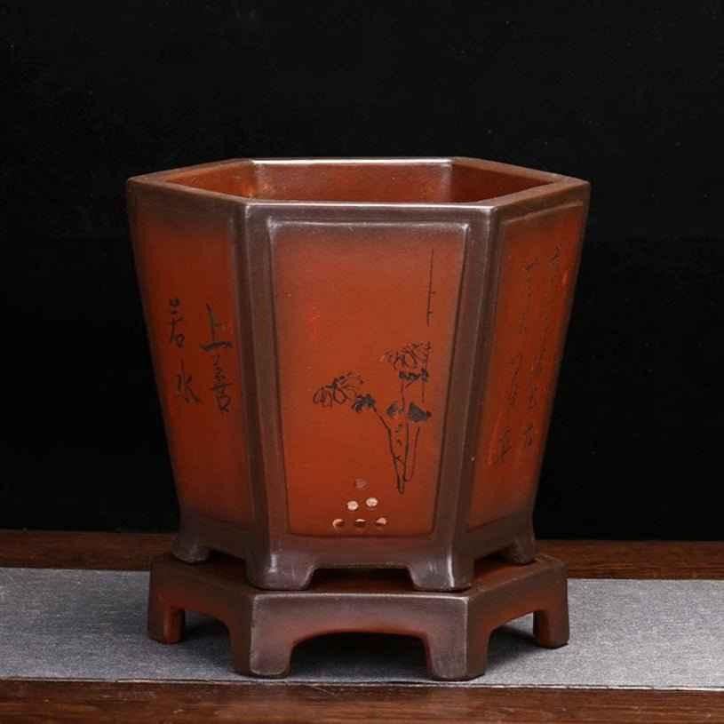 7.6" (19.5cm) Deep Antique Brown Hexagonal Cascade Bonsai Pot w Stand ...