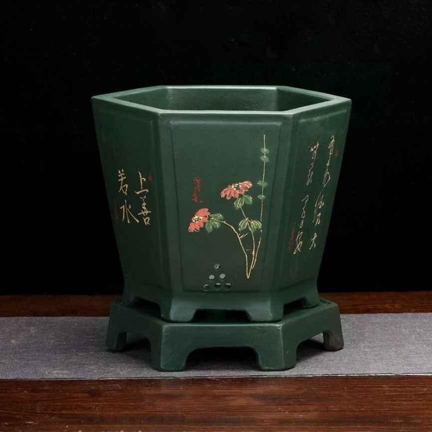 7.6" (19.5cm) Deep Green Hexagonal Cascade Bonsai Pot with Stand – Potscape