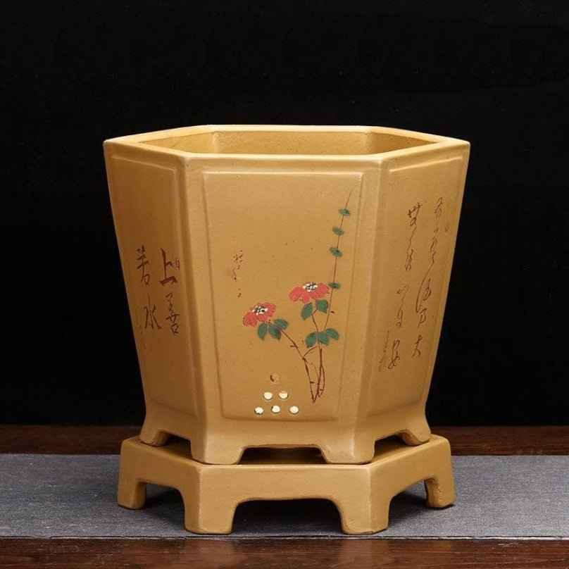 7.6" (19.5cm) Deep Yellow Hexagonal Cascade Bonsai Pot with Stand ...