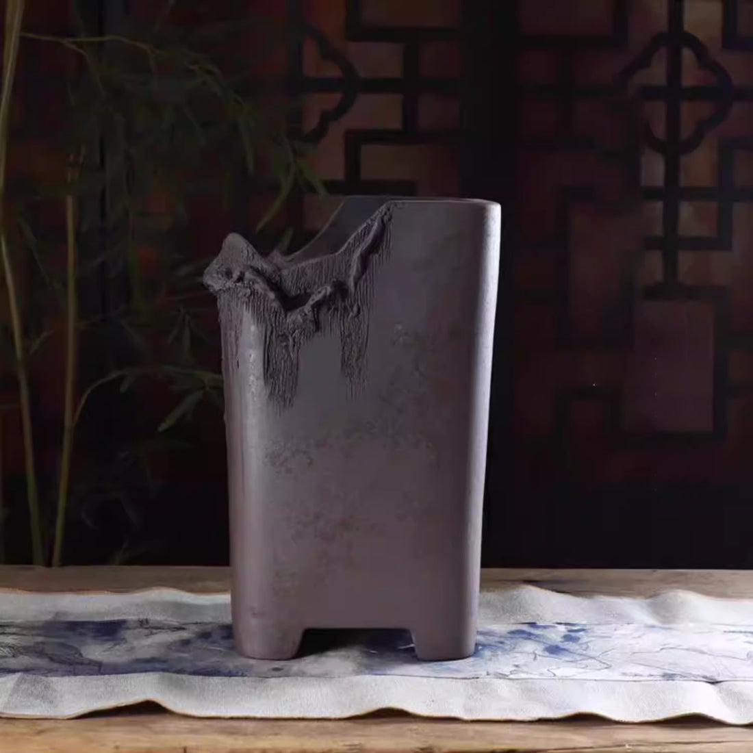 9.4" (24cm) Deep Square Premium Cascade Bonsai Pot w Sculpted Cliff Ed ...