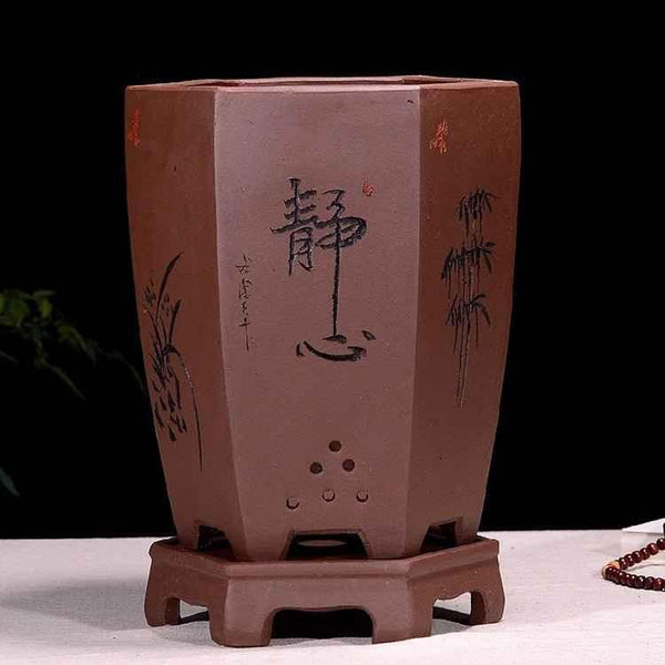 Traditional 9" (23cm) Deep Hand-Carved Hexagonal Cascade Bonsai Pot w ...